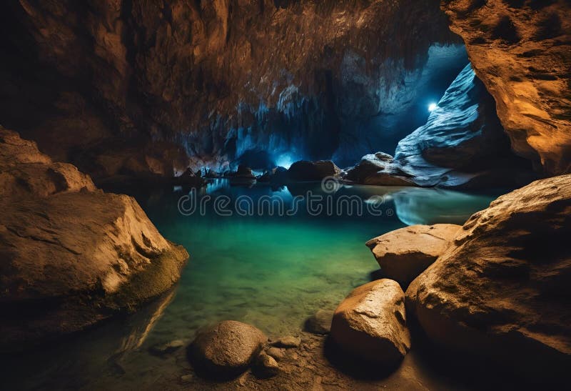 Cave with Turquoise Water Reflecting the Rocky Formations, Illuminated ...