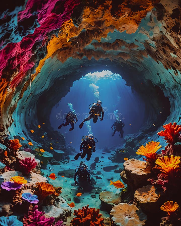 Cave Under the Ocean with Scuba Divers Stock Illustration ...