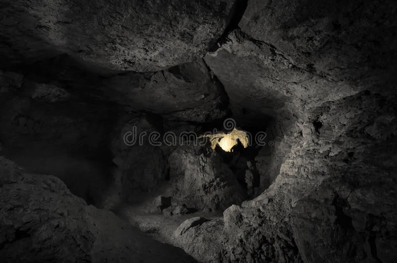 Cave Underground with Man Speleologist and Light at Entrance Stock ...