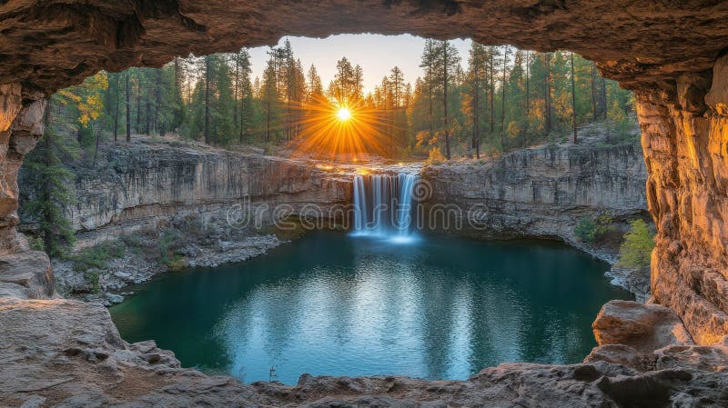Cave View of Sunset Waterfall, Forest Pool Stock Photo - Image of rock ...