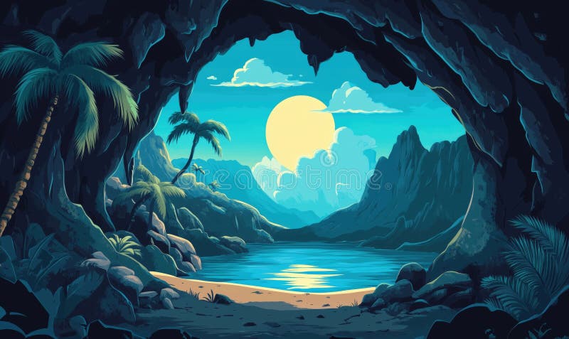 Cave View of Tropical Landscape with Sun, Mountains, and Water Stock ...