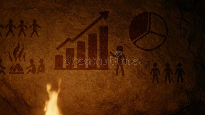 Cave Wall with Humorous Ancient Infographics Glowing in Firelight Stock ...