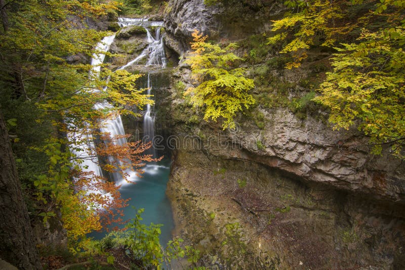 Cave Waterfall in Autumn, Horizontal Stock Photo - Image of peace ...