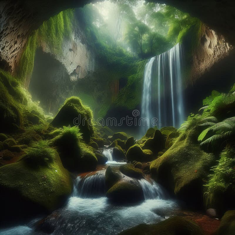 Cave Waterfall a Hidden Waterfall within a Cave Surrounded by Mo Stock ...