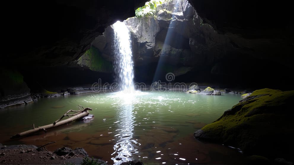Cave Waterfall with Light Beams. AI Generation Stock Image - Image of ...