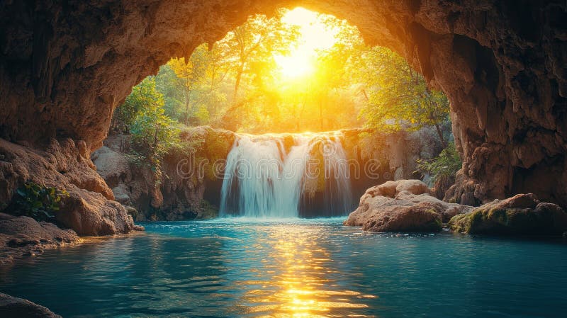 Cave Waterfall Sunset Jungle Pool Serenity Stock Image - Image of hope ...