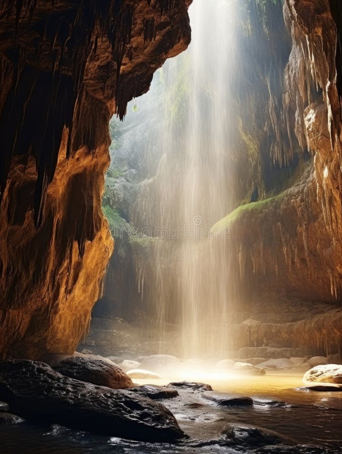 Cave Waterfall stock photo. Image of formation, generated - 364489180