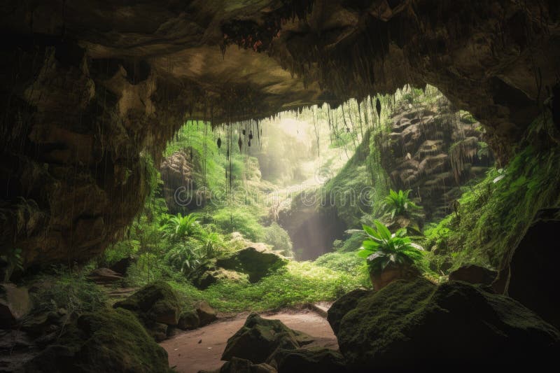 Cave with Waterfalls and Greenery, Inside a Mountain Stock Illustration ...
