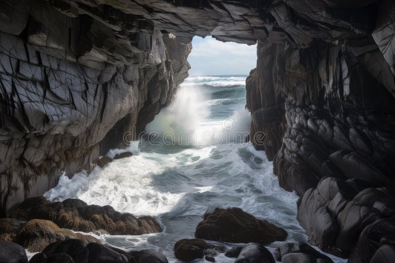 Cave, with Waves Breaking and Rushing Inside the Entrance Stock ...