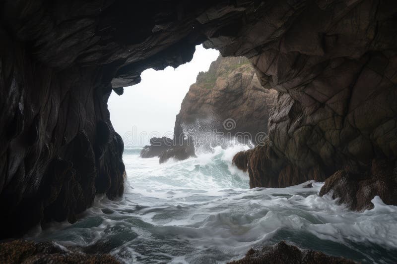 Cave, with Waves Breaking and Rushing Inside the Entrance Stock ...