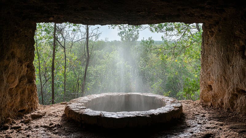 A Cave with a Well in the Middle and Trees Outside. Stock Image - Image ...