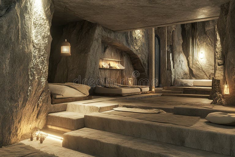 CaveLike Stone Interior with Beds, Steps, Lanterns, Shelves, Pillars ...