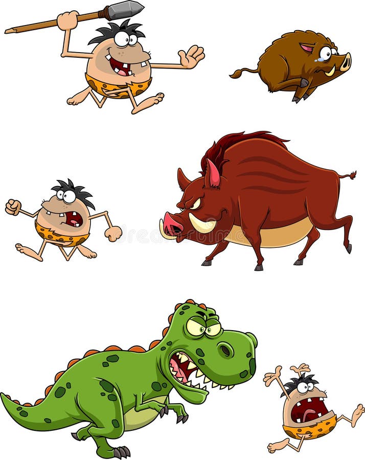 Caveman Cartoon Characters. Vector Hand Drawn Collection Set Stock ...