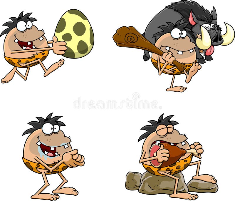 Caveman Cartoon Characters. Vector Hand Drawn Collection Set Stock ...
