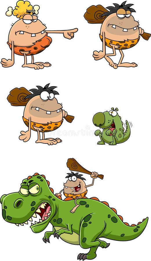 Caveman Cartoon Characters. Vector Hand Drawn Collection Set Stock ...
