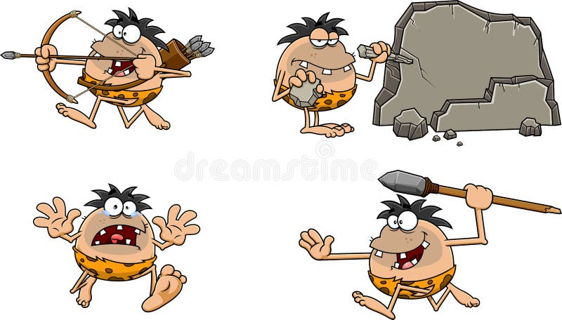 Caveman Cartoon Characters. Vector Hand Drawn Collection Set Stock ...