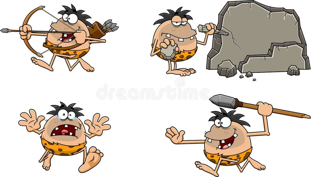 Caveman Cartoon Characters. Vector Hand Drawn Collection Set Stock ...