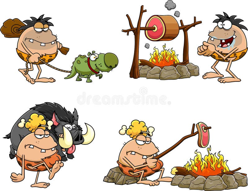 Caveman Cartoon Characters. Vector Hand Drawn Collection Set Stock ...