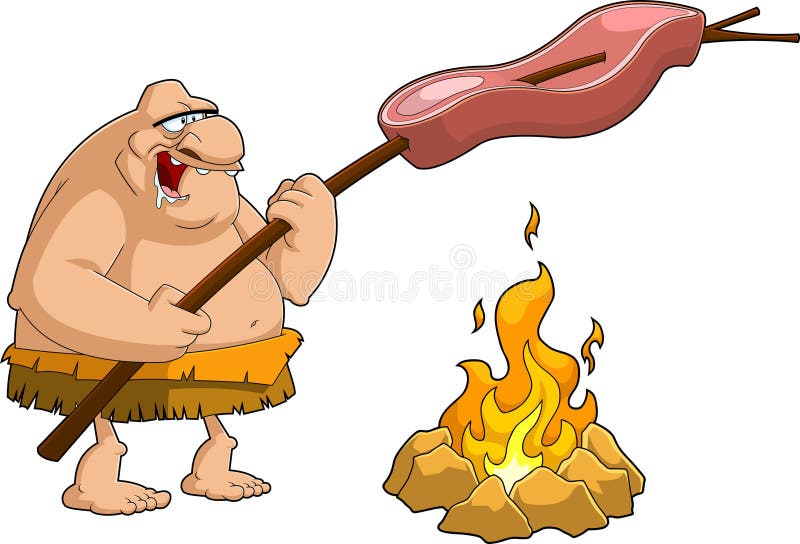 Stupid Caveman Cartoon Character Cooking a Big Steak Stock Vector ...