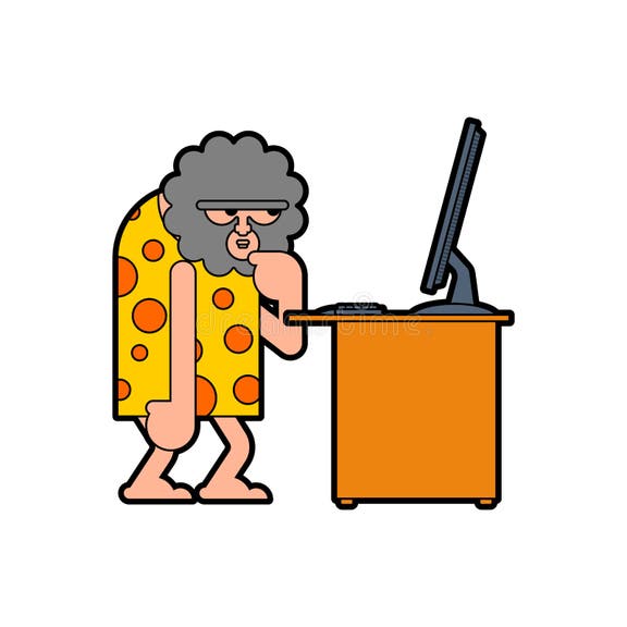 Caveman and Computer. Prehistoric Man and PC Stock Vector ...