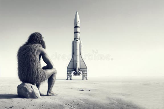 A Caveman Looks at a Space Rocket in the Desert. Space for Text. Stock ...