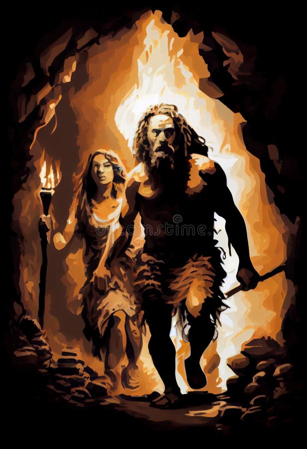 Caveman Man and Woman Entering a Cave. Stock Illustration ...