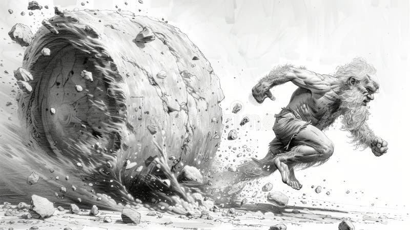 Caveman Pushing a Massive Stone Wheel in Dynamic Motion Stock ...