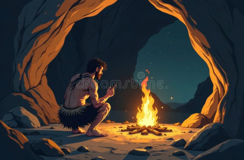 Caveman Sitting by Fire in a Cave at Night Under a Starlit Sky Stock ...