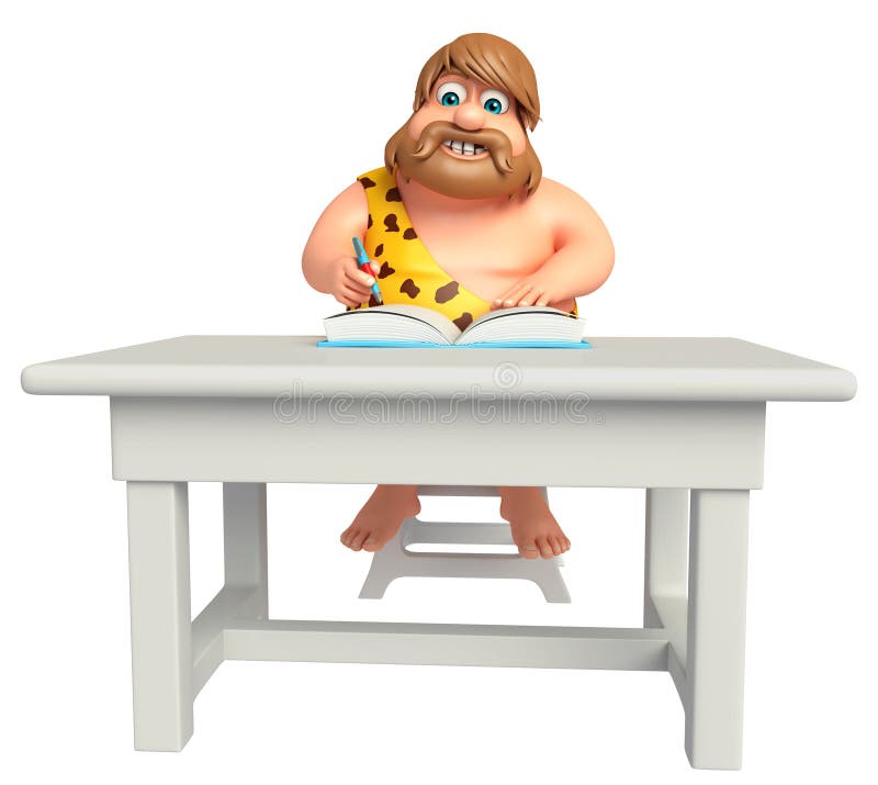 Caveman with Table Chair and Book Stock Illustration - Illustration of ...