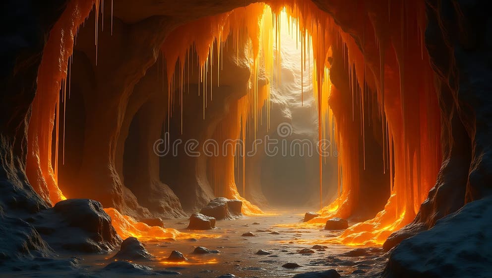 A Cavern with Orange Stalactites and a Bright Light at the End of the ...