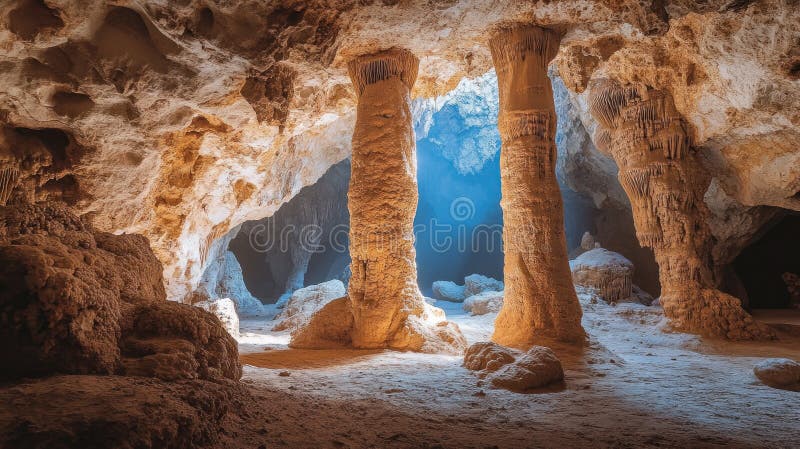 A Cavern with Two Large Pillars of Rock and a Light Source Shining in ...