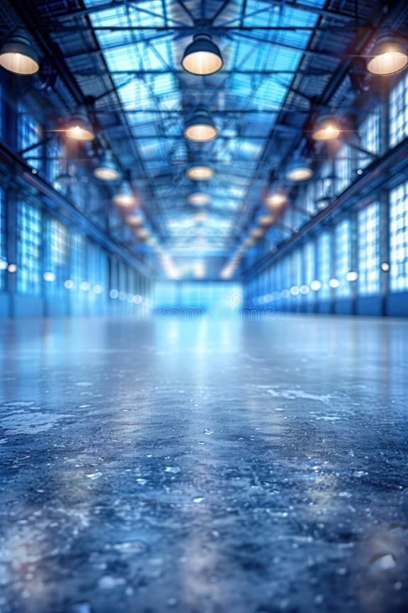 Majestic Industrial Warehouse Interior with Blue Lighting and High Ceilings, Perfect Venue for ...