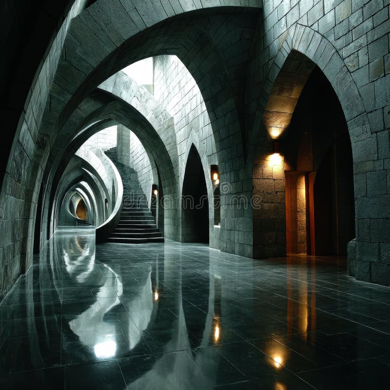 Cathedral Vault Hallway with Glossy Reflections Stock Illustration ...