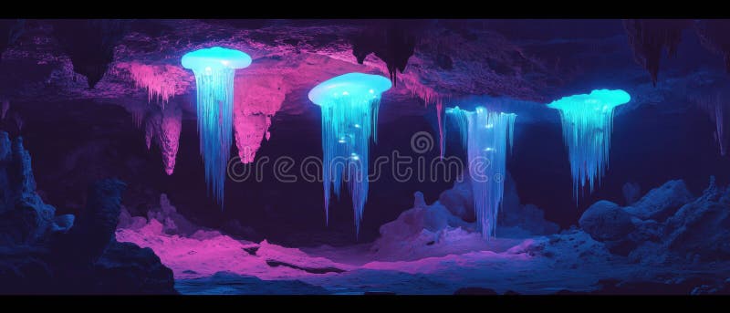 Caves Illuminated by Bioluminescent Creatures Creating Magical Blue ...