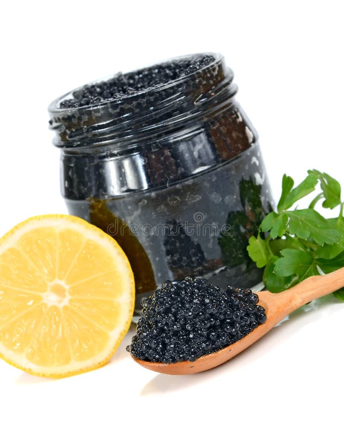 Caviar Black in a Glass Jar with Lemon and Parsley Stock Image - Image ...
