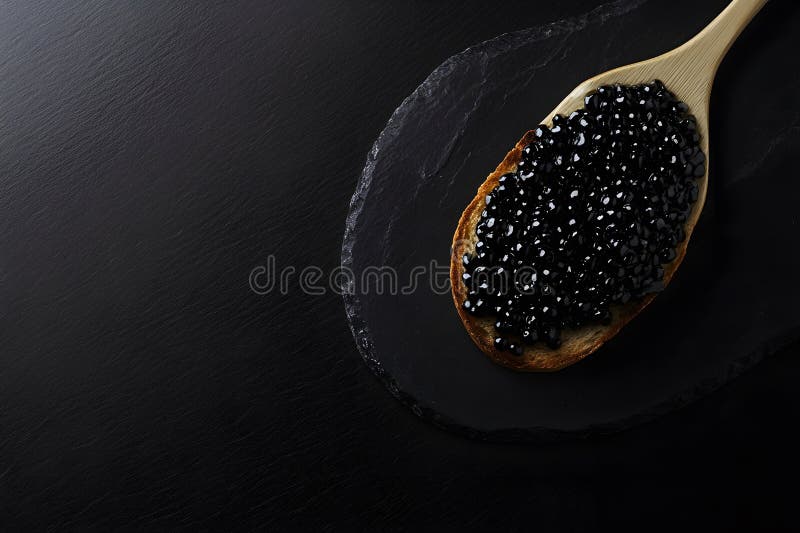 Caviar on Toast, Black Stone Surface, Minimal Clean Space Around for ...