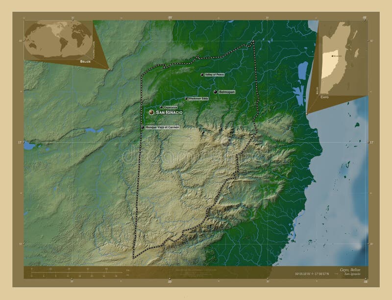 Cayo, Belize. Physical. Labelled Points of Cities Stock Illustration ...