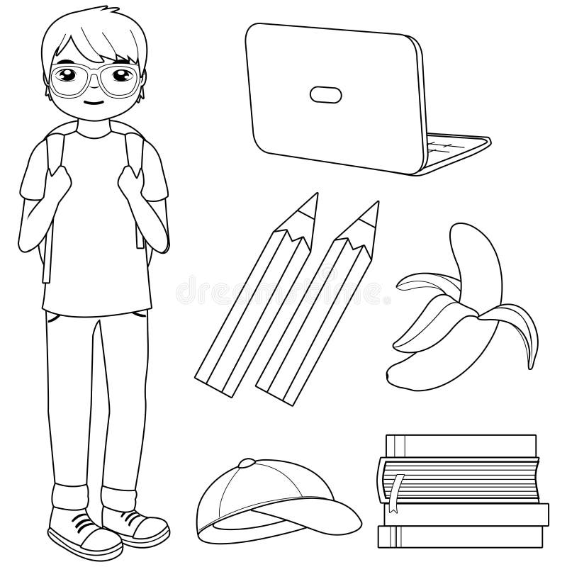 Student Boy and Set of School Objects. Vector Black and White Coloring ...