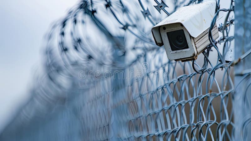 CCTV Camera Attached To a Blurred Chain-link Fence with Barbed Wire for ...