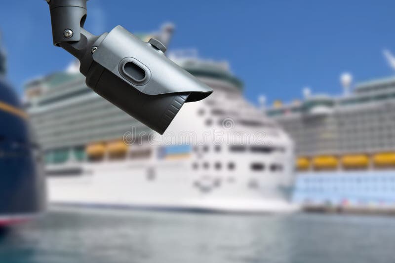 CCTV Camera on the Background of a Cruise Ship. Stock Image - Image of ...