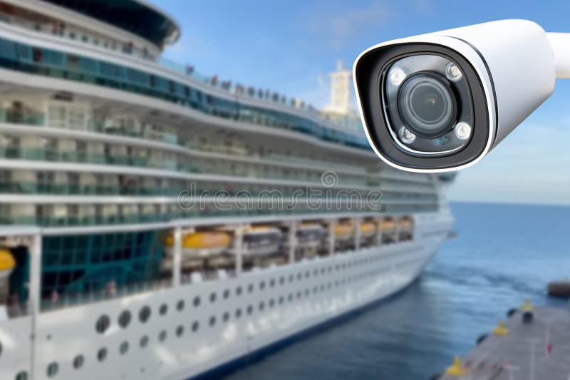 CCTV Camera on the Background of a Cruise Ship. Stock Image - Image of ...