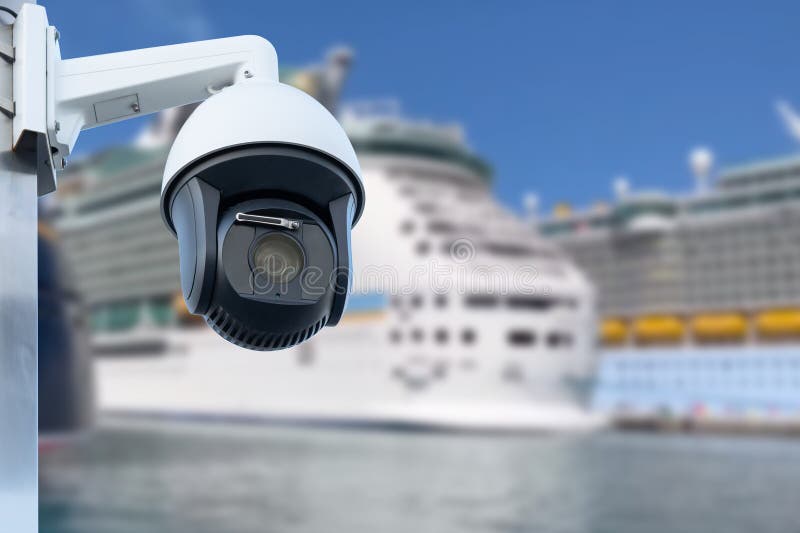 CCTV Camera on the Background of a Cruise Ship. Stock Image - Image of ...