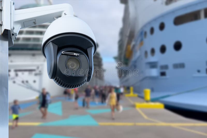 CCTV Camera on the Background of a Cruise Ship. Stock Image - Image of ...