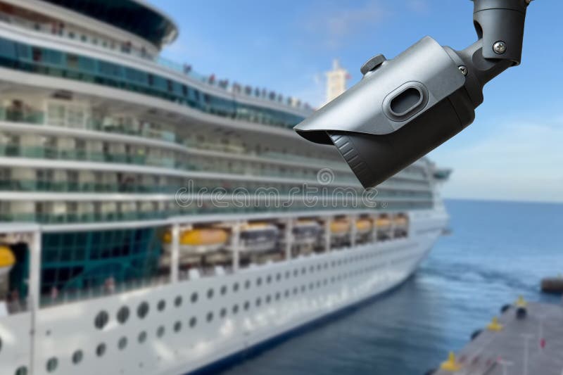 CCTV Camera on the Background of a Cruise Ship. Stock Image - Image of ...
