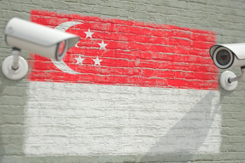 Surveillance Cameras and Wall with Flag of Singapore. Modern Security ...
