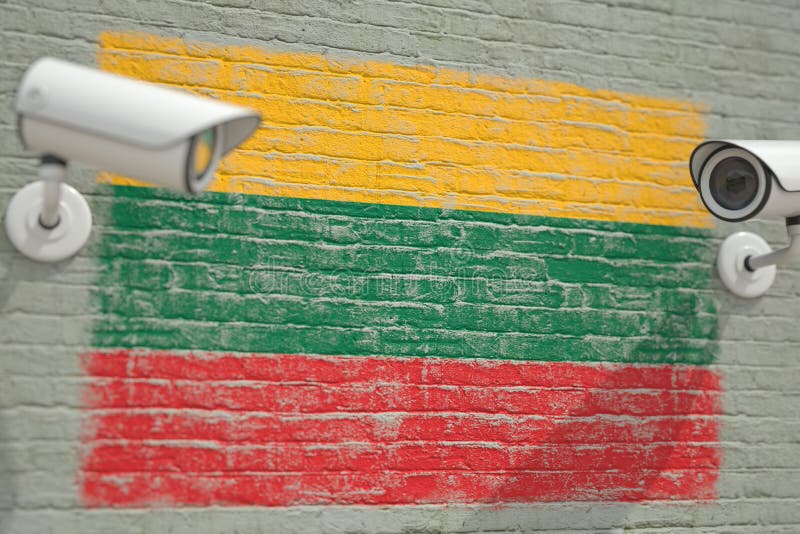 Surveillance Cameras and Wall with Flag of Lithuania. Modern Security ...