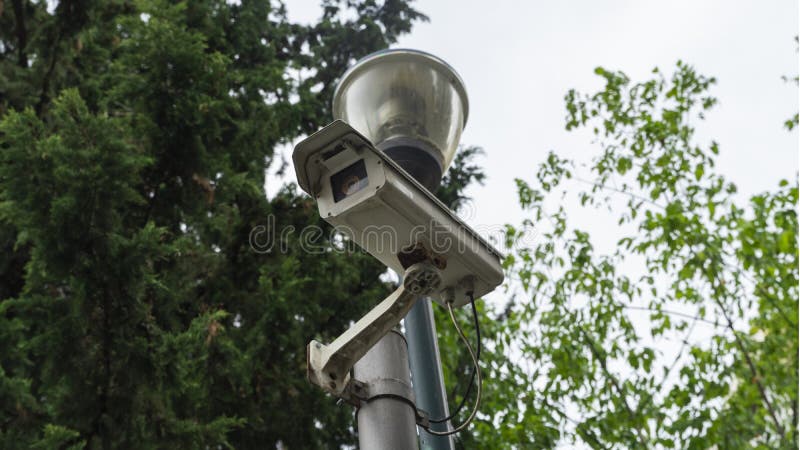 A CCTV Camera Hangs on a Street Lamppost Against a Backdrop of Green ...