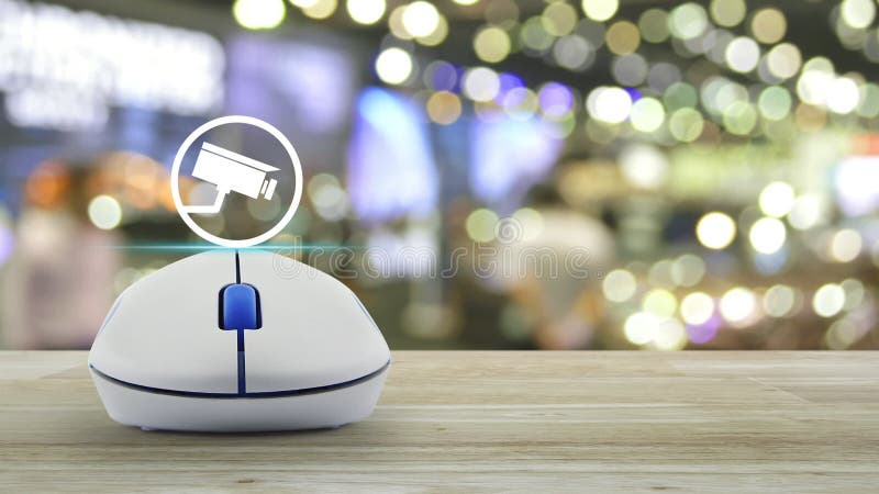 Cctv Camera Flat Icon with Wireless Computer Mouse on Wooden Table Over ...