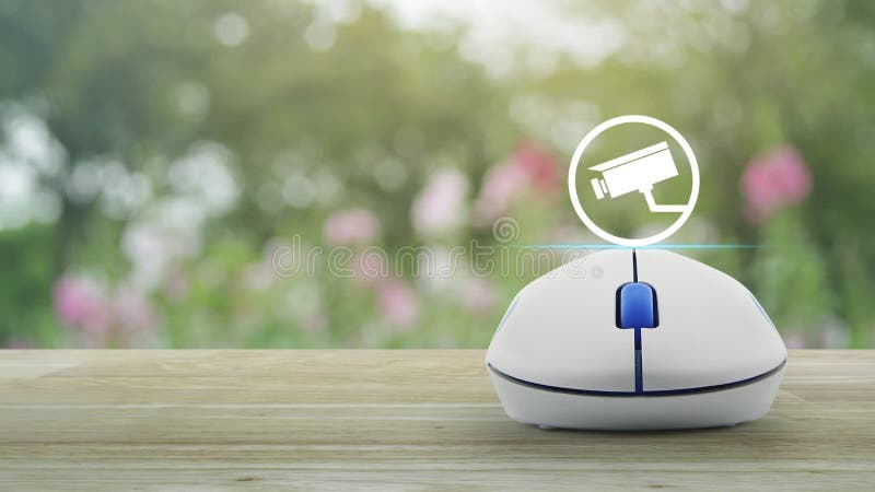 Cctv Camera Flat Icon with Wireless Computer Mouse on Wooden Table Over ...