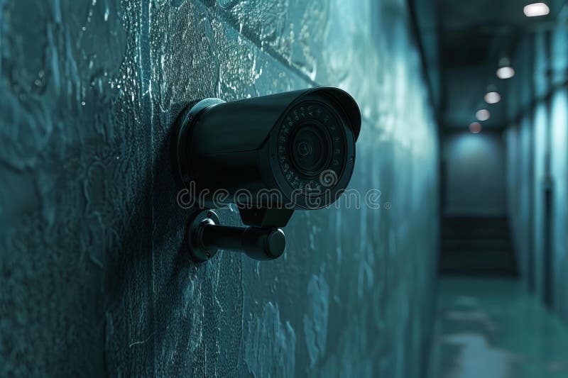 Cctv Camera Installed on a Textured Wall Overseeing a Dimly Lit ...